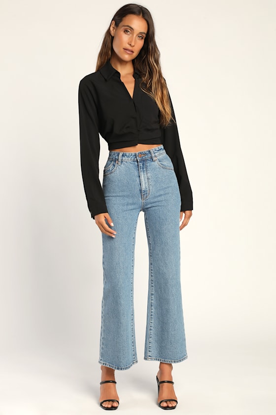 Black Collared Top - Long Sleeve Top - Ruched Collared Top - Lulus