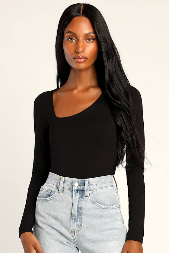 Black Long Sleeve Top - Asymmetrical Top - Fitted Top - Black Top - Lulus