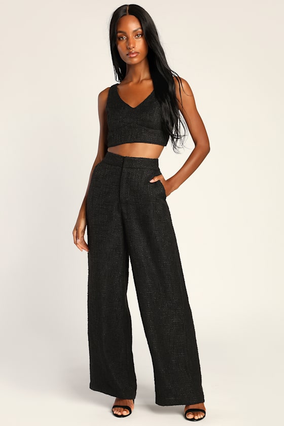 Black Tweed Pants Wide Leg Pants High Waisted Trouser Pants Lulus