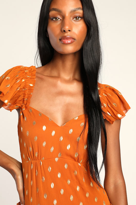 Rust Orange Polka Dot Dress - Ruffled Maxi Dress - Maxi Dress - Lulus