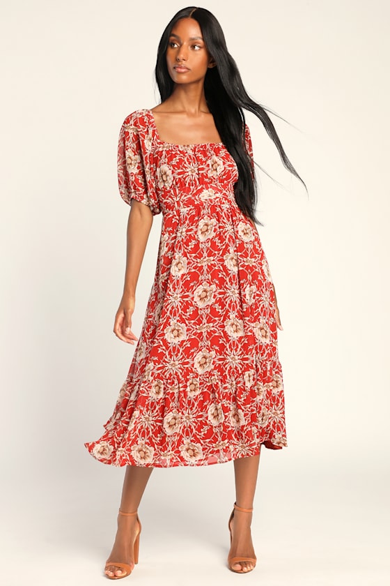 Rust Red Midi Dress - Floral Print Dress - Tie-Back Dress - Lulus
