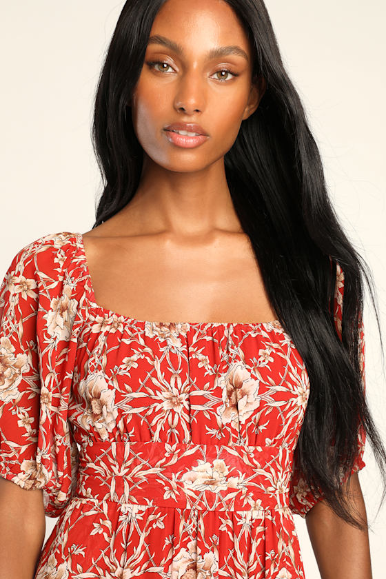 Rust Red Midi Dress - Floral Print Dress - Tie-Back Dress - Lulus