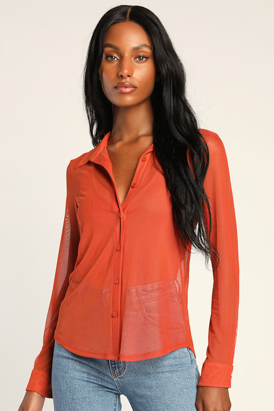 Rust Mesh Top - Sheer Mesh Top - Long Sleeve Button-Up Top - Lulus