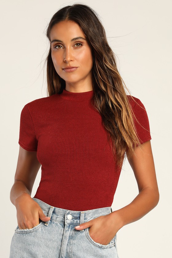 Wine Red Bodysuit Mock Neck Bodysuit Ribbed Bodysuit Lulus