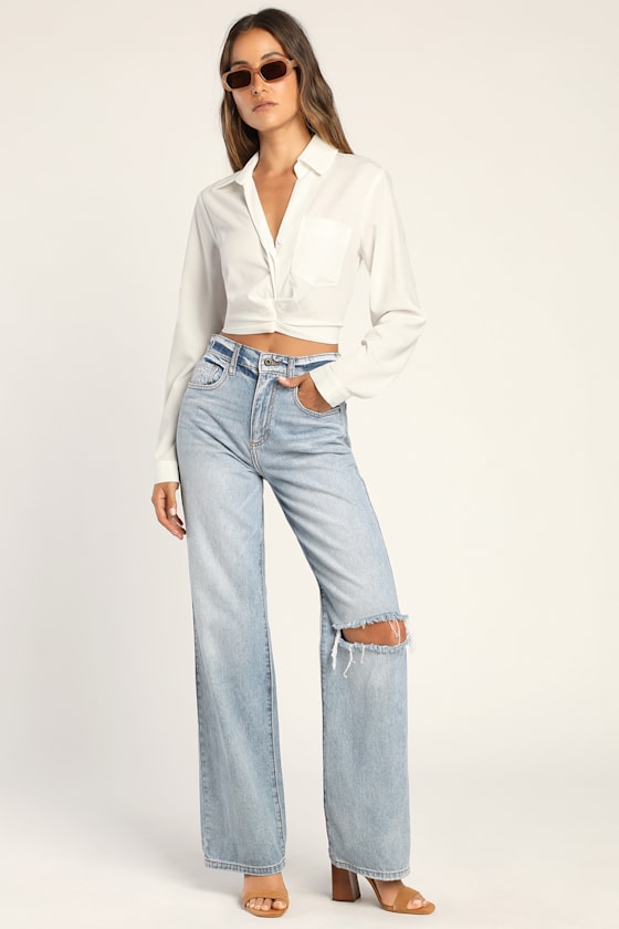 White Collared Top - Long Sleeve Top - Ruched Collared Top - Lulus