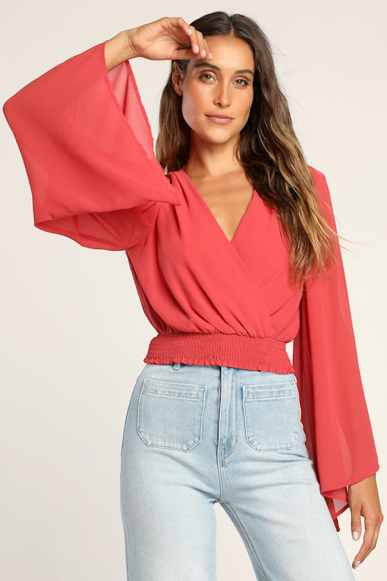 Coral Red Smocked Top - Long Flutter Sleeve Top - Surplice Blouse - Lulus