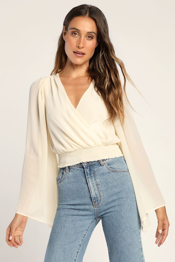 Ivory Smocked Top - Long Flutter Sleeve Top - Surplice Blouse - Lulus