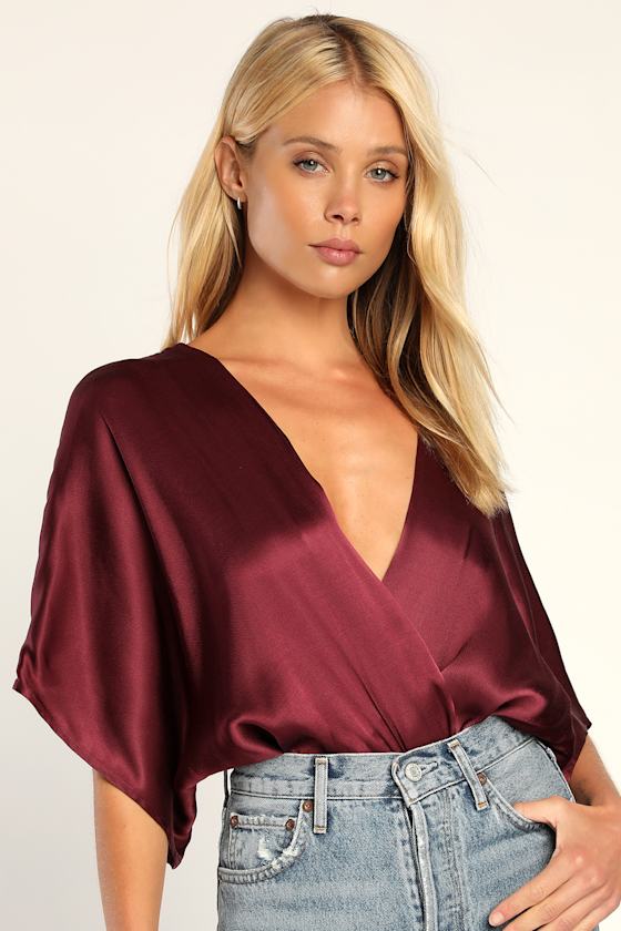 Plum Purple Satin Bodysuit - Dolman Sleeve Bodysuit - Satin Top - Lulus