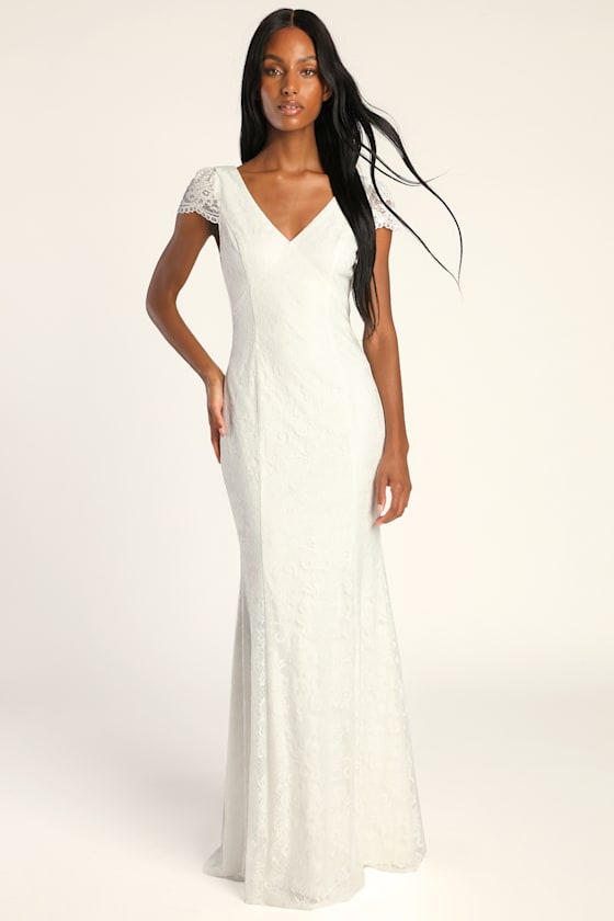 White Lace Maxi Dress Empire Waist Bridal Gown Mermaid Gown Lulus