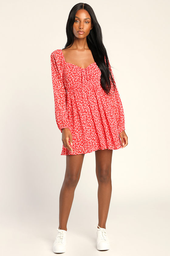 Red Floral Print Dress - Floral Mini Dress - Balloon Sleeve Dress - Lulus