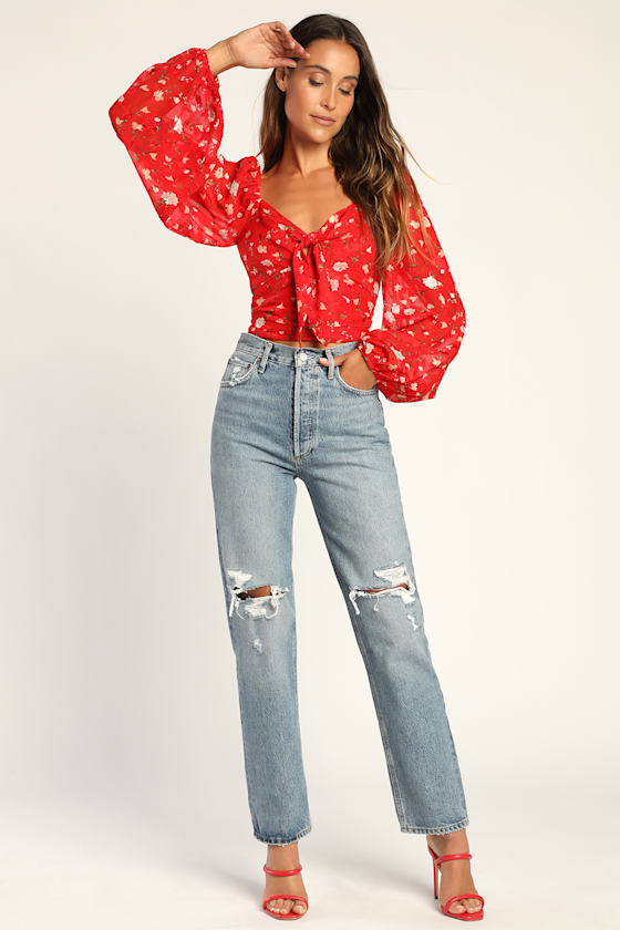 Red Floral Print Blouse - Red Long Sleeve Top - Tie-Front Blouse - Lulus