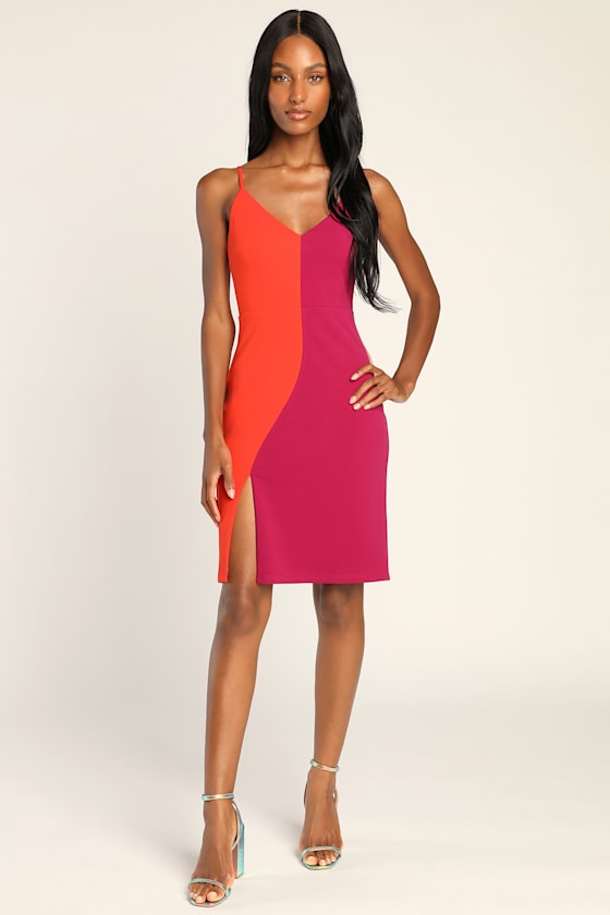 Coral Red & Purple Dress - Color Block Dress - Bodycon Dress Mini - Lulus