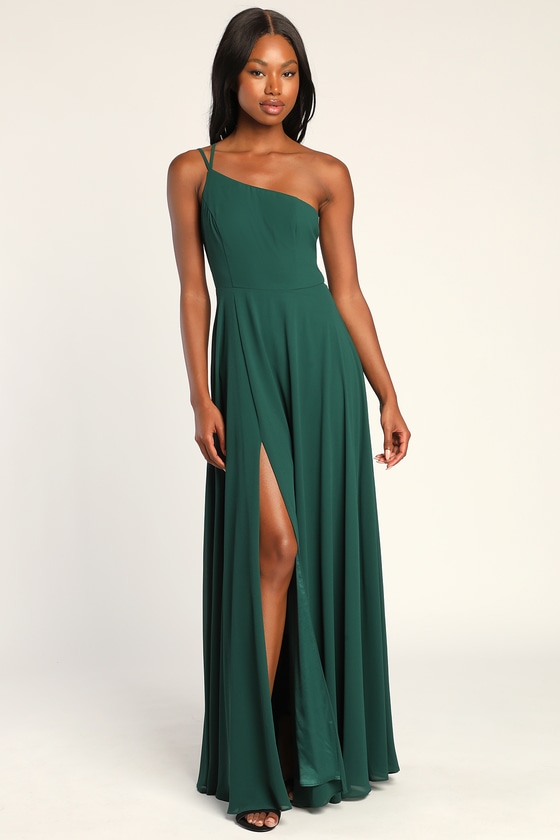 Hunter Green Maxi Dress One Shoulder Gown Chiffon Gown Lulus