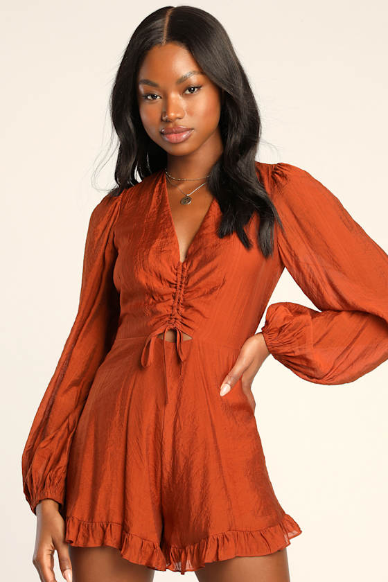 Rust Orange Romper - Long Sleeve Romper - Ruffled Romper - Lulus