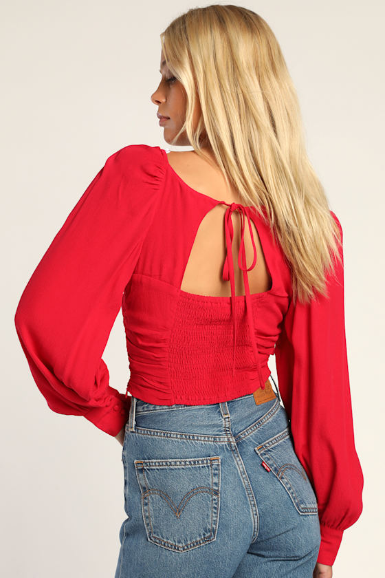 Coral Red Ruched Top - Bustier Long Sleeve Top - Cute Blouse - Lulus