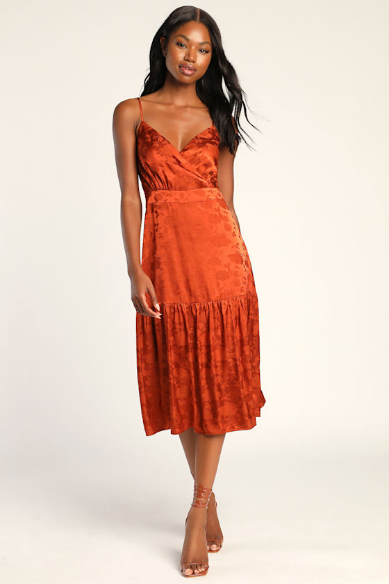 Rust Orange Midi Dress - Satin Dress - Jacquard Midi Dress - Lulus