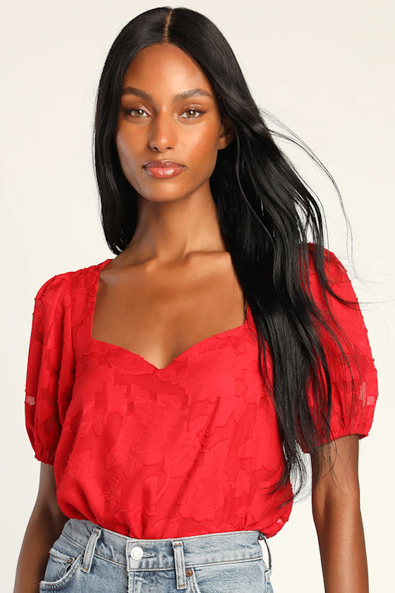 Red Floral Bodysuit - Burnout Bodysuit - Puff Sleeve Bodysuit - Lulus