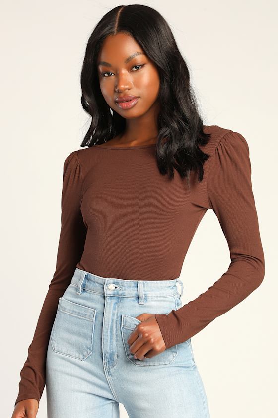 Brown Bodysuit - Long Sleeve Bodysuit - Ribbed Knit Bodysuit - Lulus