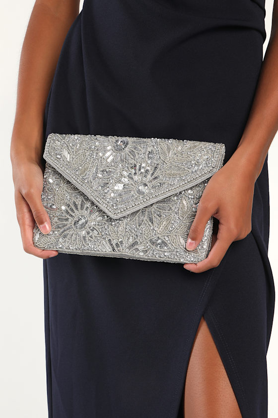 Silver Sequin Clutch - Beaded Clutch - Floral Envelope Clutch - Lulus