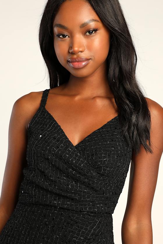 Black Textured Dress - Faux-Wrap Midi Dress - Midi Dress - Lulus