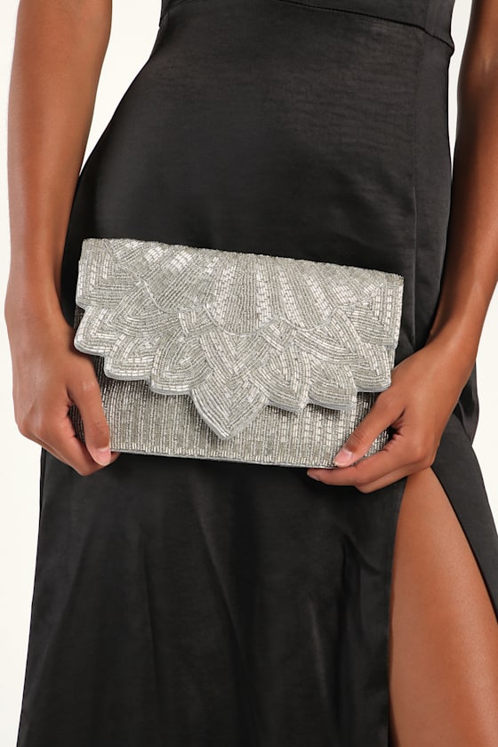 Silver Beaded Clutch - Envelope Clutch - Lotus Clutch - Lulus