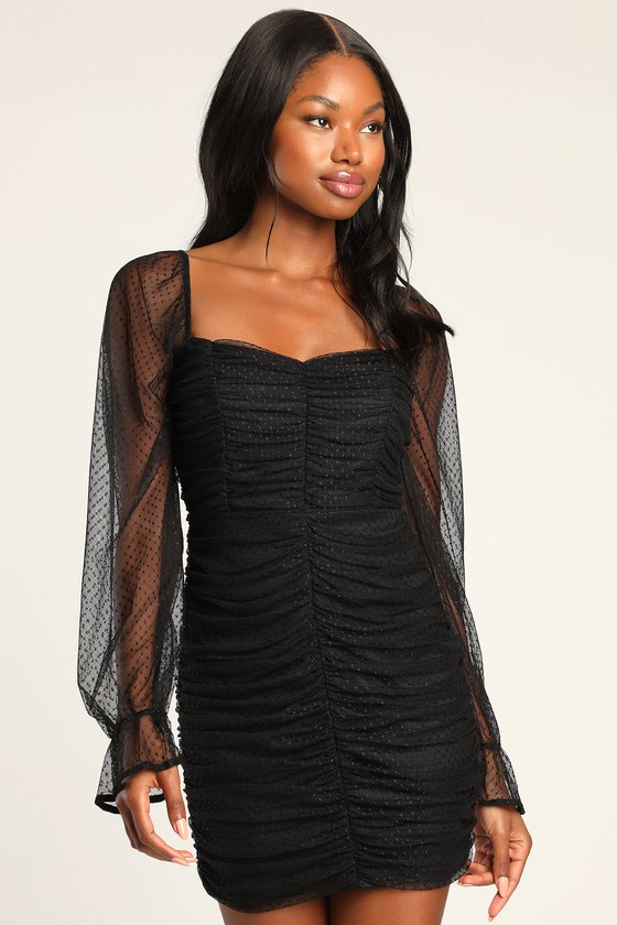 Black Ruched Dress Black Mesh Dress Long Sleeve Mini Dress Lulus