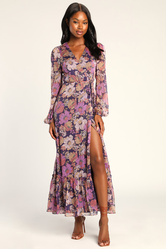 Purple Floral Maxi Dress Maxi Wrap Dress Long Sleeve Dress Lulus