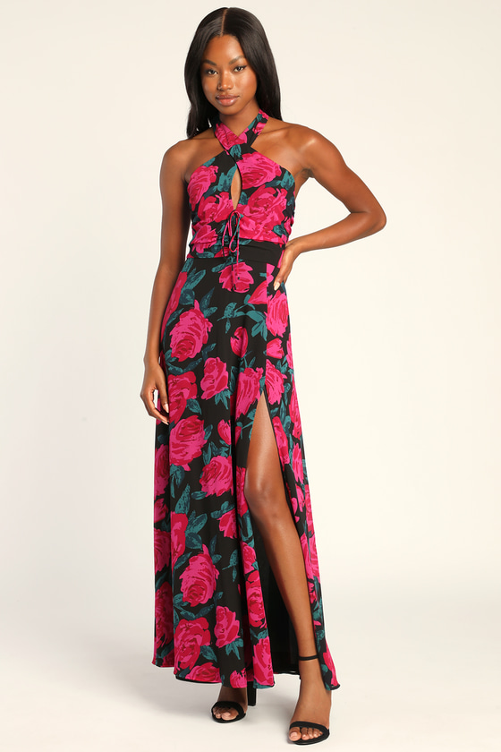 Black Floral Print Dress Ruched Dress Halter Maxi Dress Lulus