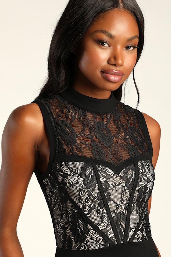Black Bodycon Dress - Lace Bodycon Dress - Black & Beige Dress - Lulus