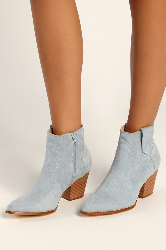 Blue Faux Suede Boots - Western-Style Booties - Ankle Boots - Lulus