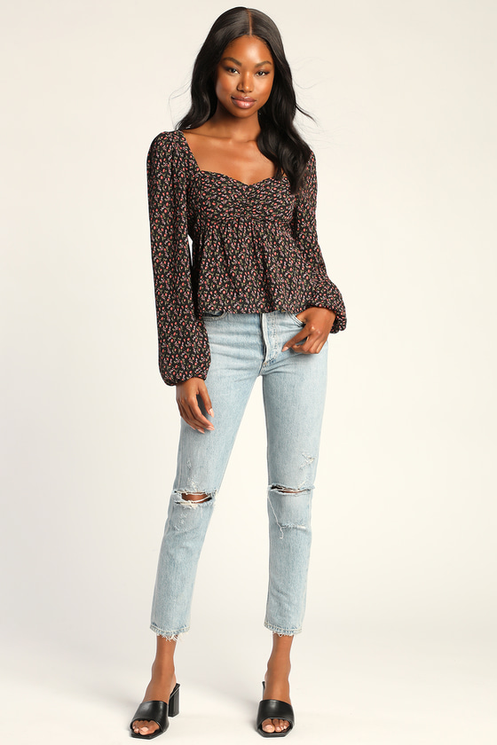 Black Floral Top Long Sleeve Top Balloon Sleeve Crop Top Lulus