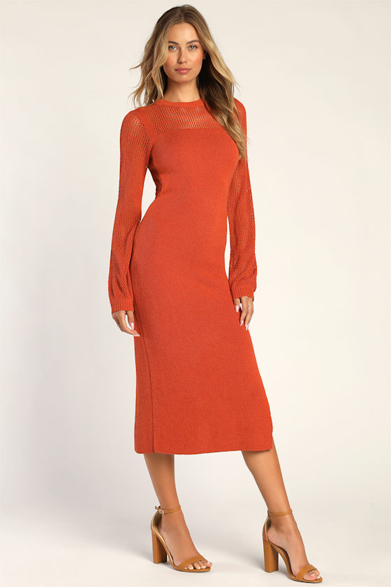 Orange Long Sleeve Dress - Knit Bodycon Dress - Midi Dress - Lulus