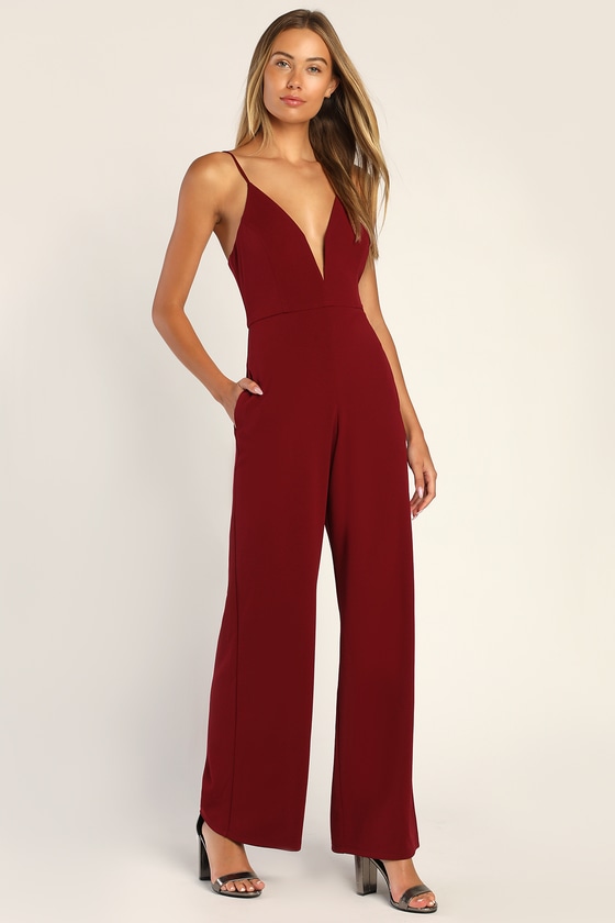 Burgundy Jumpsuit Plunge Jumpsuit Wide Leg Jumpsuit Lulus