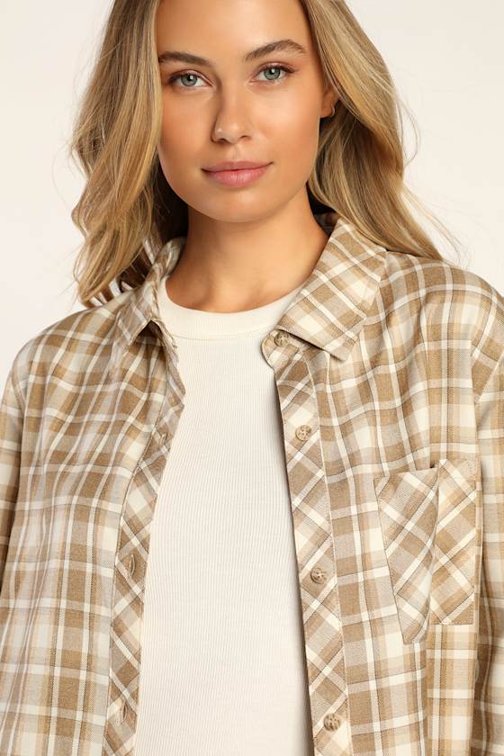Beige Plaid Button-Up Top - Women's Flannel Top - Button-Up - Lulus