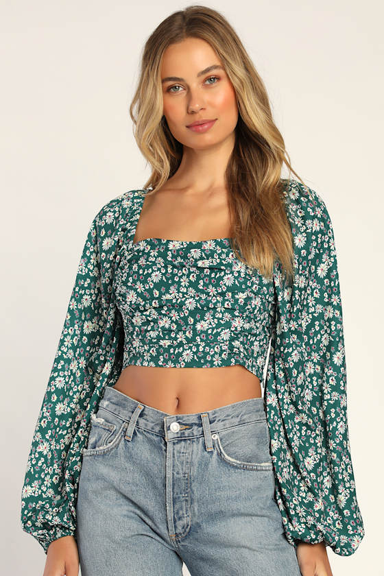 Green Floral Print Top - Balloon Sleeve Top - Cropped Blouse - Lulus