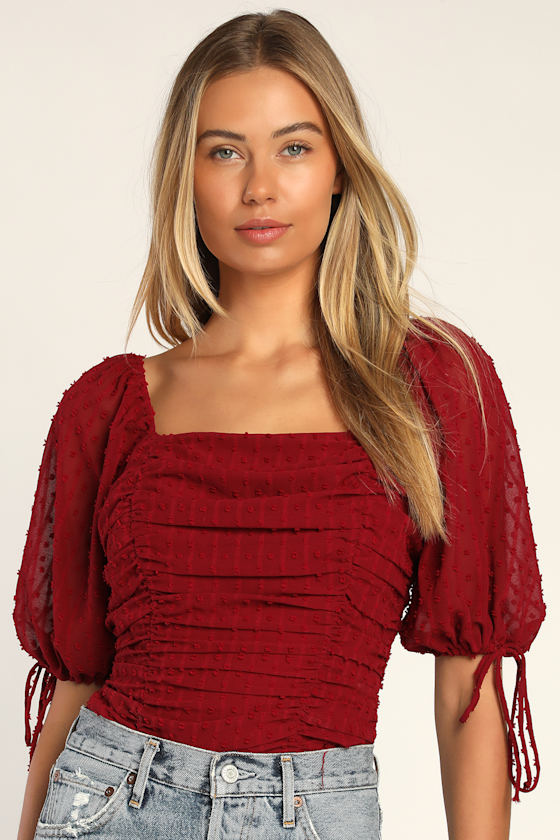 Red Bodysuit - Swiss Dot Bodysuit - Ruched Bodysuit - Bodysuit - Lulus