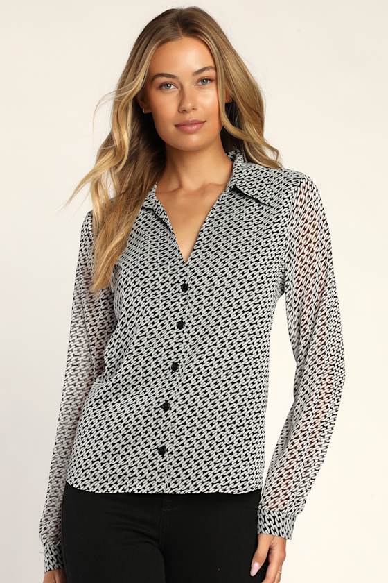 Grey Chain Print Top - Button-Up Top - Lurex Printed Button-Up - Lulus