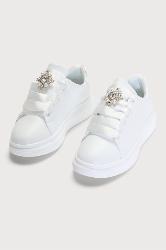White Rhinestone Sneakers - Ribbon Sneakers - Cute Sneakers - Lulus