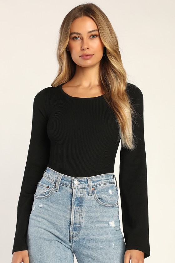 Black Ribbed Bodysuit Long Bell Sleeve Top Cutout Bodysuit Lulus