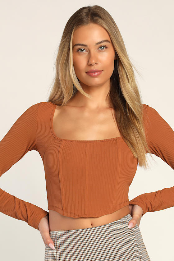 Brown Ribbed Top - Long Sleeve Top - Bustier Crop Top - Lulus