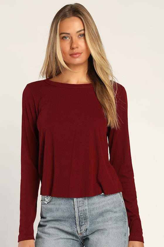 Burgundy Ribbed Top - Long Sleeve Top - Cutout Top - Women's Tops - Lulus