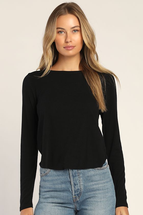 Black Ribbed Top - Long Sleeve Top - Cutout Top - Women's Tops - Lulus