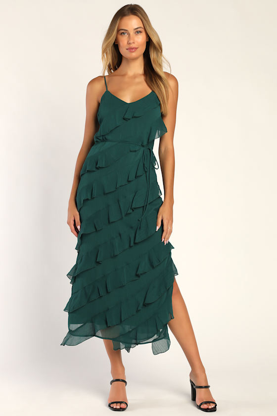 Hunter Green Dress - Ruffled Midi Dress - Tiered Column Dress - Lulus