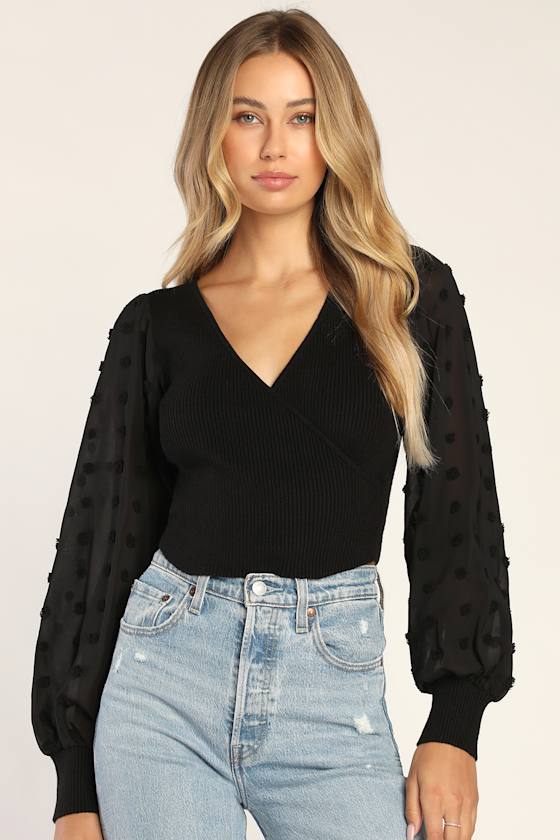 Black Ribbed Top - Balloon Sleeve Top - Black Swiss Dot Top - Lulus