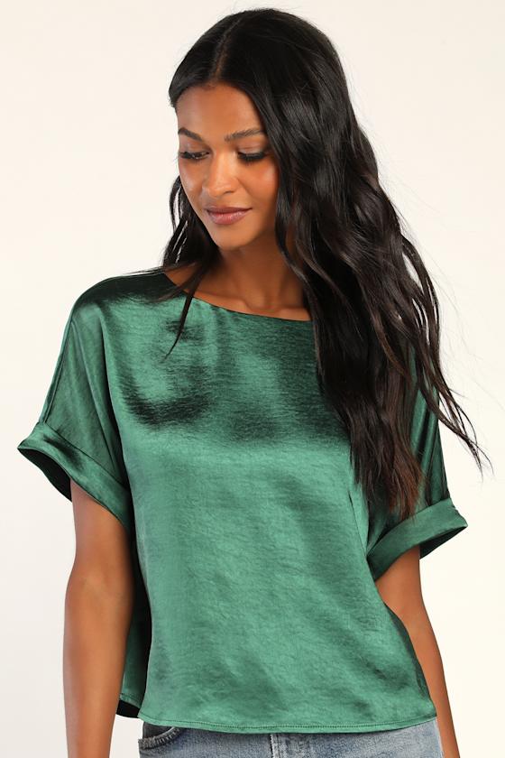 Green Satin Top - Short Sleeve Satin Shirt - Short Sleeve Top - Lulus