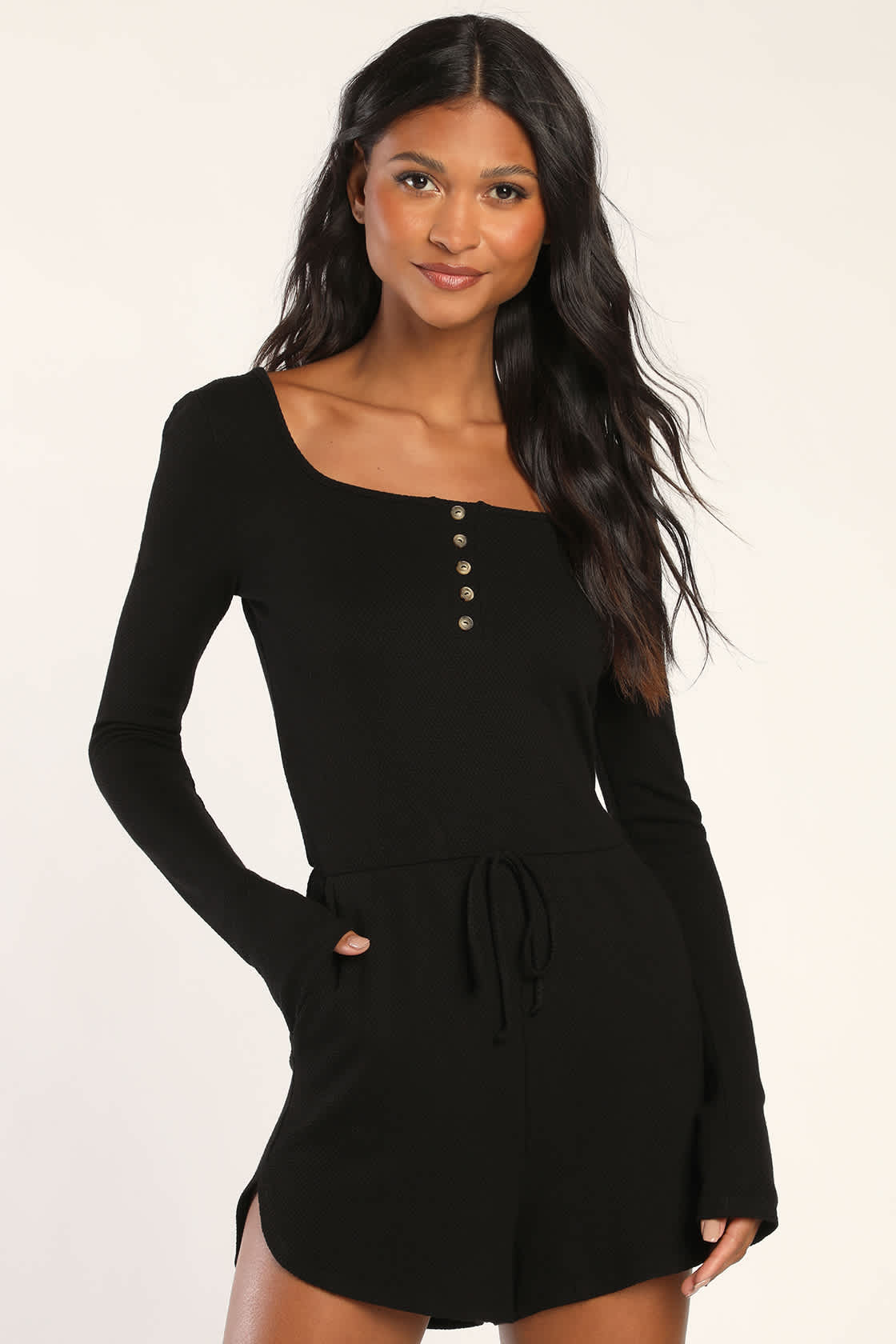 Black Lounge Romper - Long Sleeve Romper - Waffle Knit Romper - Lulus