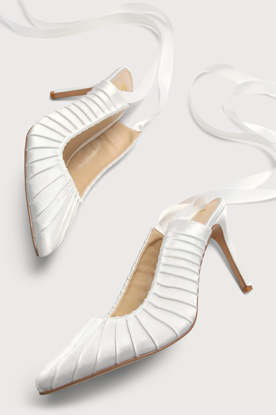 White Satin Heels - Pleated Heels - Lace-Up Heels - Lulus