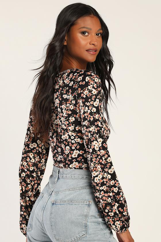 Black Floral Print Bodysuit - Balloon Sleeve Bodysuit - Bodysuit - Lulus