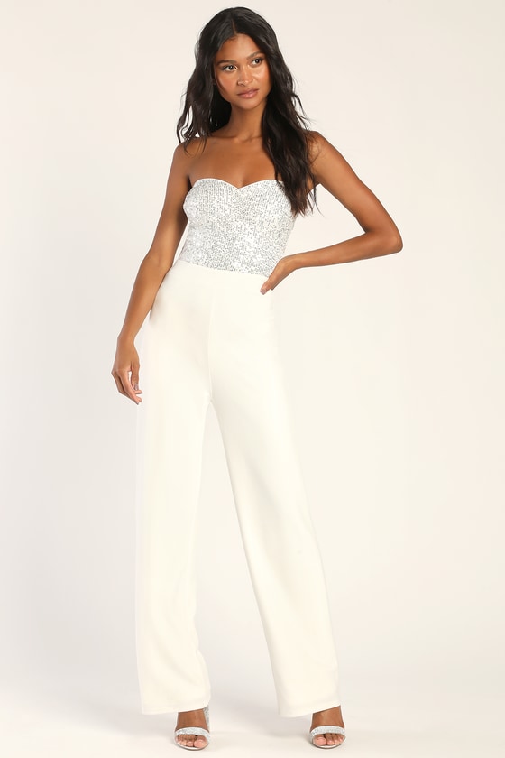 White Jumpsuit Strapless Jumpsuit Sequin Jumpsuit Lulus