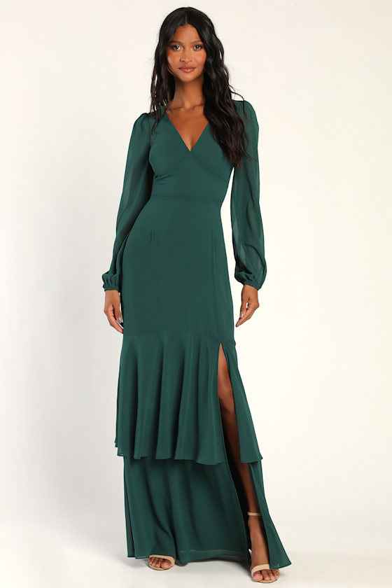 Hunter Green Maxi Dress Long Sleeve Maxi Dress Tiered Dress Lulus